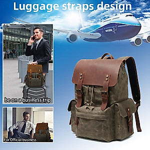 MUMAIS Military Style Waxed Canvas Backpack Laptop Genuine Leather(Oil Wax Waterproof) School Bag Vintage Computer Backpack For Men&Women,Professional Outdoor Hiking Travel Shoulder(Army Green)