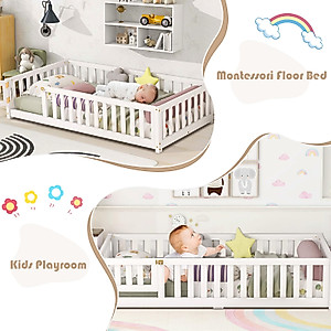 GEEVIVO Twin Size Montessori Floor Bed, Kids 1-3 Wooden Playhouse Bed Frame w/Door, Slats and Safety Fence, Floor-Bed-Frame for Children Bedroom, Boys Girls, Kids Playroom