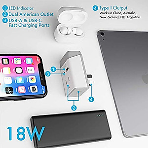 Ceptics Australia China New Zealand Power Plug Adapter, QC 3.0 & PD - Safe Dual USB & USB-C - 2 USA Socket for USA to Australian New Zealand Fiji Argentina, Type I AP-16 Fast Charging