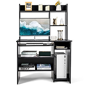 IFANNY Computer Desk with Hutch, Wood Office Desk with Keyboard Tray, Storage Shelves and CPU Stand, Work Desk for Home Office, Corner Writing Desk for Small Spaces