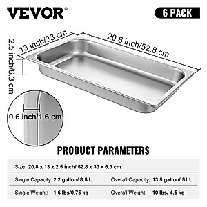 Mophorn Hotel Pans Full Size 2.5 Inch Deep, Steam Table Pans 6 Pack, 22 Gauge/0.8mm Thick Stainless Steel Hotel Pan Anti Jam Steam Table Pan