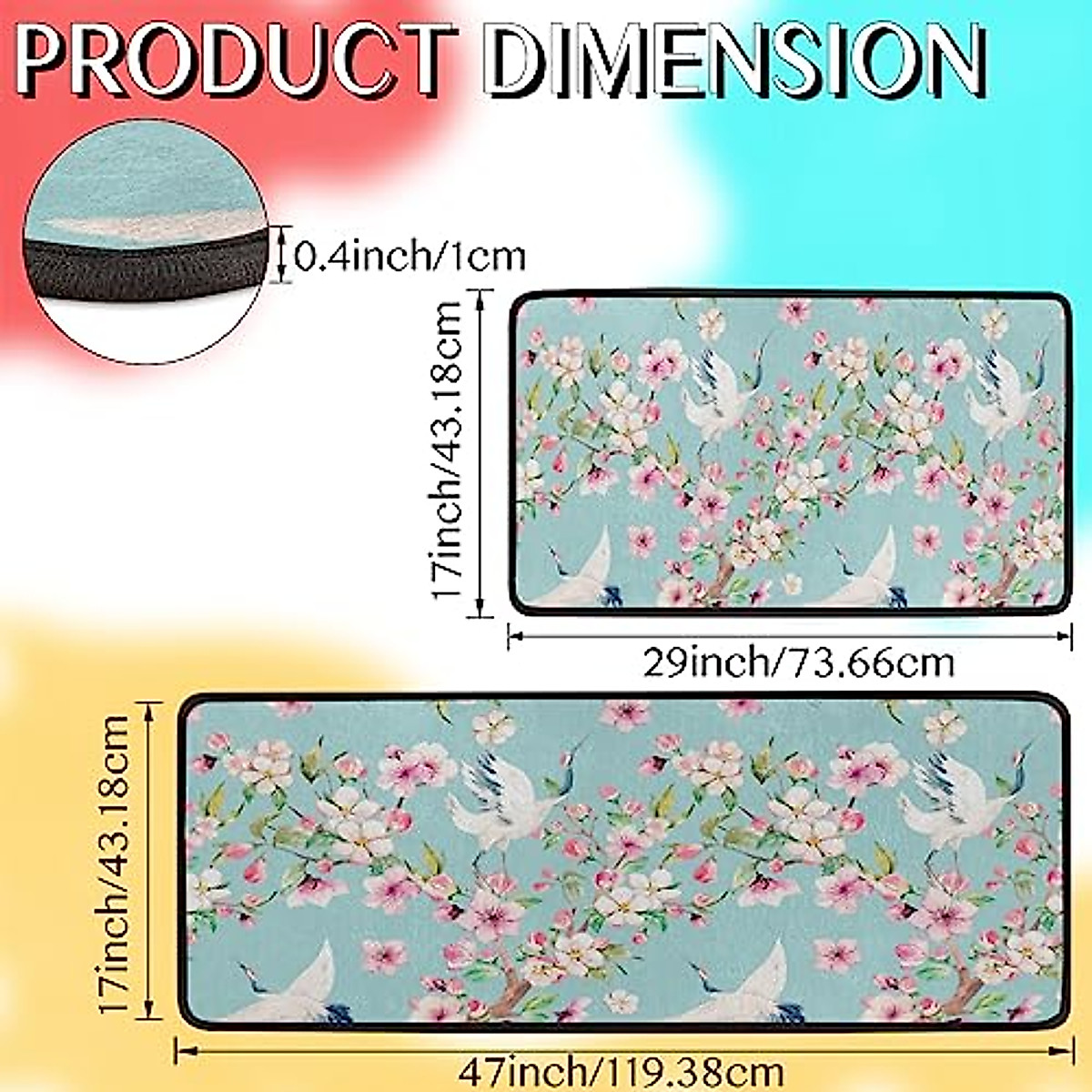 Red Heads Crane Kitchen Mat 2 PCS Waterproof Non-Slip Ergonomic Comfort Mat Anti Fatigue Kitchen Rug for Kitchen Floor Home Office Sink 47"X17"+29"X17" Inch