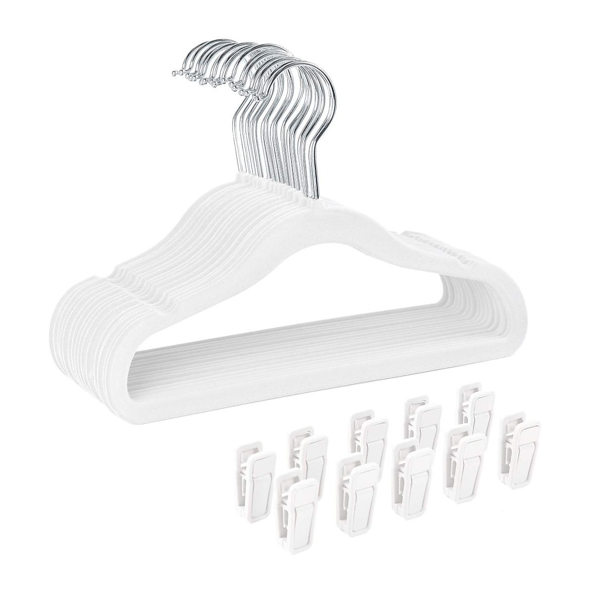 Finnhomy Non-Slip Clothes Hangers for Baby and Kids 30-Pack Velvet Hangers with 10 Finger Clips, White