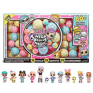LOL Surprise Mega Ball Magic - 12 Collectible Dolls, 60+ Surprises, 170 Value, 4 Unboxing Experiences, Squish Sand, Bubbles, Gel Crush, Shell Smash, Mix/Match Fashions Limited Edition Gift, Girls 3+