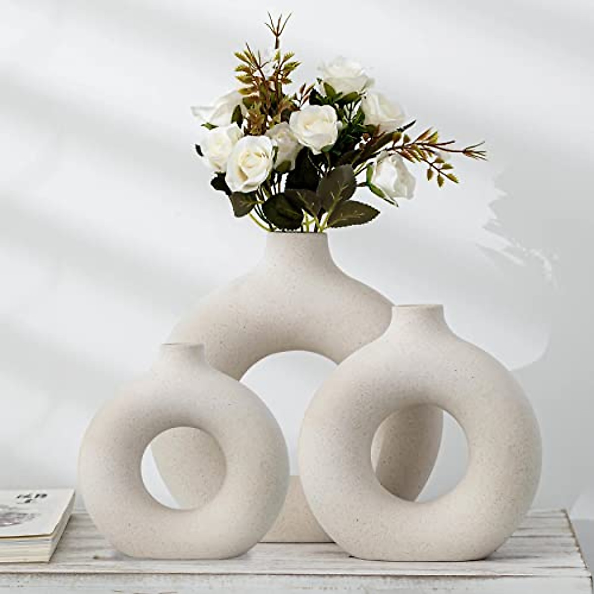 Ceramic Hollow Donut Vase Set of 3 for Pampas Grass | Neutral Modern Home Decor, Small Boho Minimalist Round White | Japandi Clay Beige Decorative for Bedroom, Living, Wedding, Office, Coffee Table