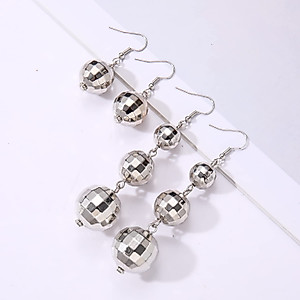 Disco Ball Earrings, Necklace & Bracelet Set - Gold & Silver Hook Dangle Earrings, Stretch Bracelet, Statement Necklace - Party Favor Gift (Silver Disco Ball Jewelry Set)