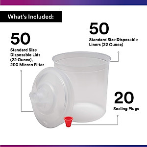 3M PPS (Original Series) Paint Spray Gun Cup Lids and Liners Kit, 16000, Standard, 22 oz, 200-micron Filter, Use w/ Paint Gun for Cars, Furniture, Home, 50 Disposable Lids and Liners, 20 Sealing Plugs, Factory