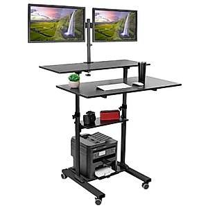 Mount-It! Mobile Computer Cart, Portable Desk on Wheels - 40" Wide Tabletop, Height Adjustable Workstation up to 64" Tall with Dual Monitor Mounts up to 72", Rolling Computer Desk, Screens 27", Black