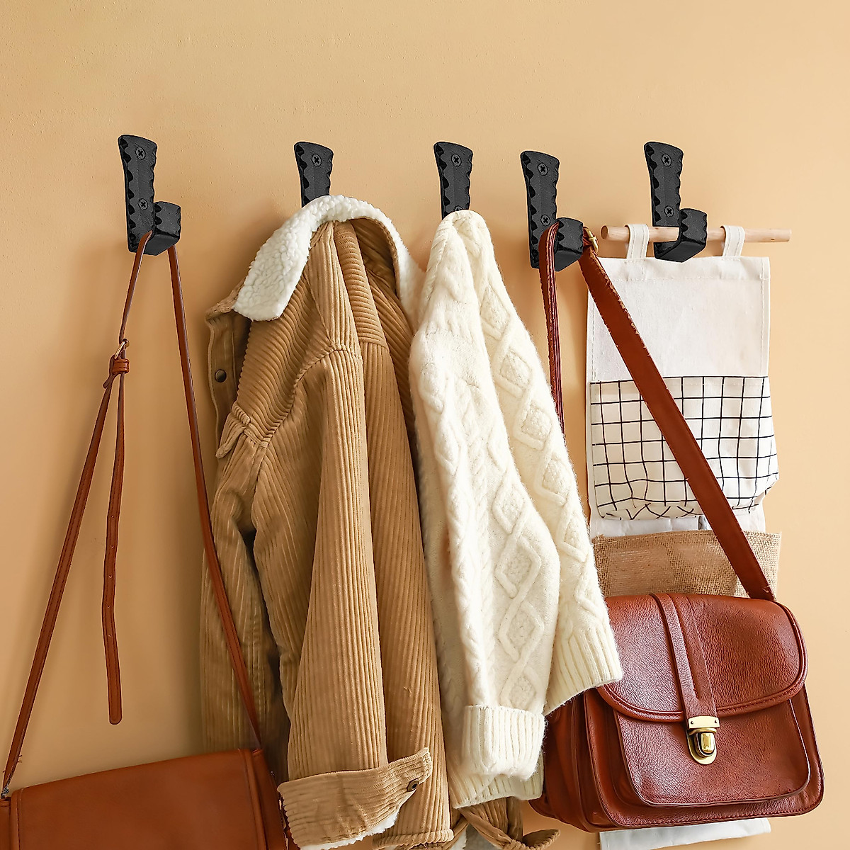 CRAFTSMAN ROAD Vintage Hammered Cast Iron Wall Hooks (Black Finish, Set of 4) - Rustic, Farmhouse Coat Hooks | Great for Coats, Bags, Towels, Hats