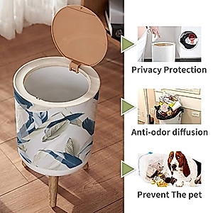 Small Trash Can with Lid Foliage seamless heliconia Ctenanthe oppenheimiana plant in blue and Garbage Bin Wood Waste Bin Press Cover Round Wastebasket for Bathroom Bedroom Diaper Office Kitchen