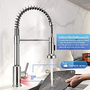 ARRISEA Touchless Kitchen Faucet with Pull Down Sprayer, Infrared Motion Brushed Nickel Spring Sink Faucets with 10'' Deck Plate, Single Handle Stainless Steel Sink Faucet Suit to 3 Holes Countertop