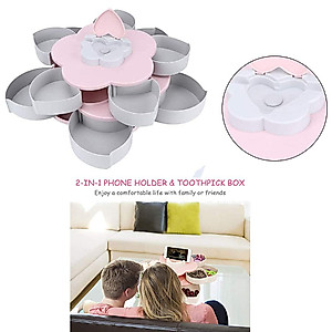 Ygapuzi Double Deck Snack Box Flower Shaped Rotating Candy Serving Containers with Phone Holder, 10 Grid Creative Snacks Storage Tray for Dried Fruit, Nuts, Chips, Olives (Pink)