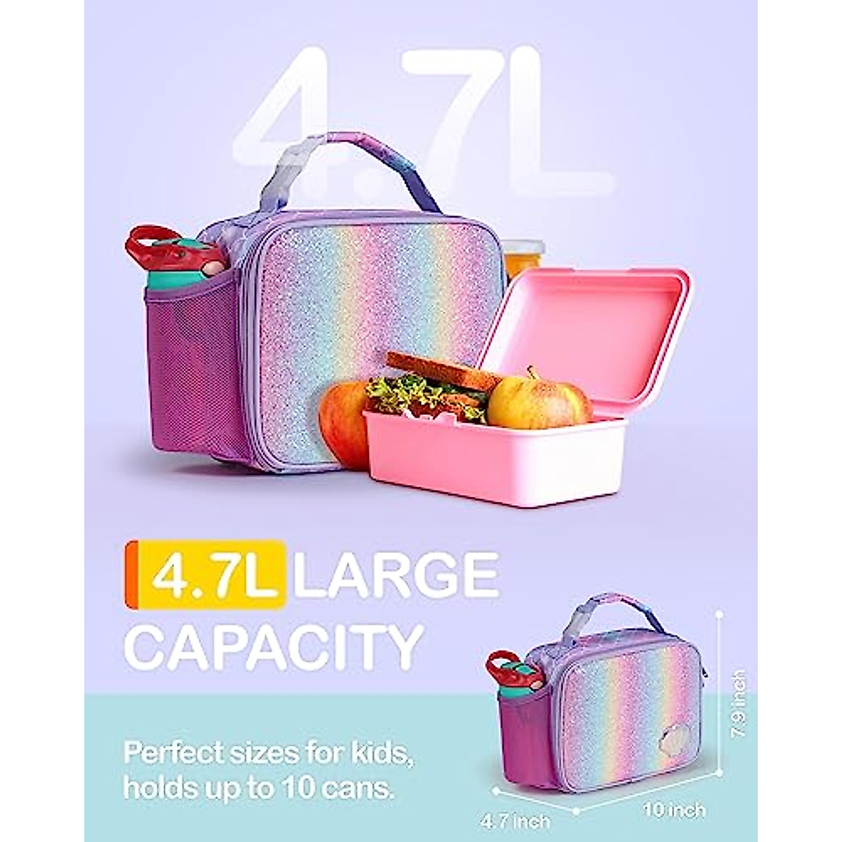 Bagseri Kids Lunch Box Insulated - Lunch Bag for Girls with Buckle Handle and Cup Holder - Portable Reusable Toddler Leak-proof Lunchbox for School and Daycare, Glitter Blue, Mermaid