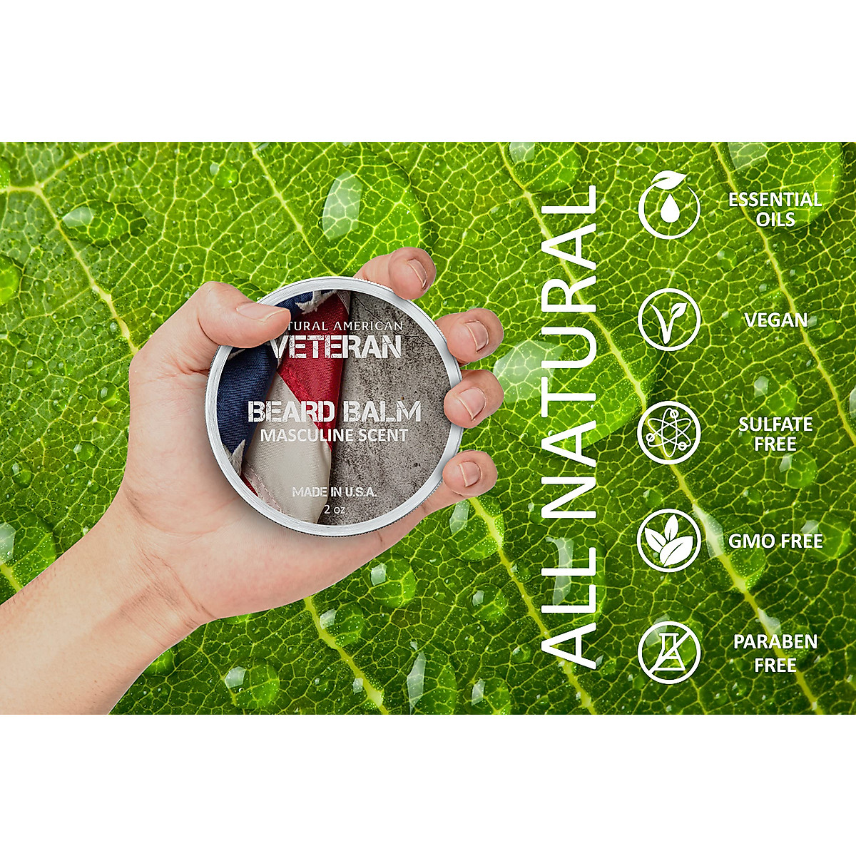 NATURAL AMERICAN VETERAN Beard Balm – 100% All Natural, Masculine Scent, Essential Oils with Organic Shea Butter – Moisturizes, Softens & Strengthens - Made in USA – Conditioning Beard Balm, 2 oz