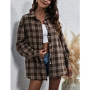 HangNiFang Flannel Shirts for Women Oversized Coffee Plaid Shirts Blouse Tops(0368-Coffee-M)