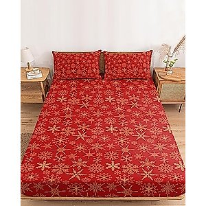 Full Size Fitted Sheet Bed Set Winter Christmas Gold Snowflake Deep Pocket Soft Bottom Sheets&Pillowcases for Bedroom Decor Seamless Snow on Red,Fits Mattress Up to 16" Deep
