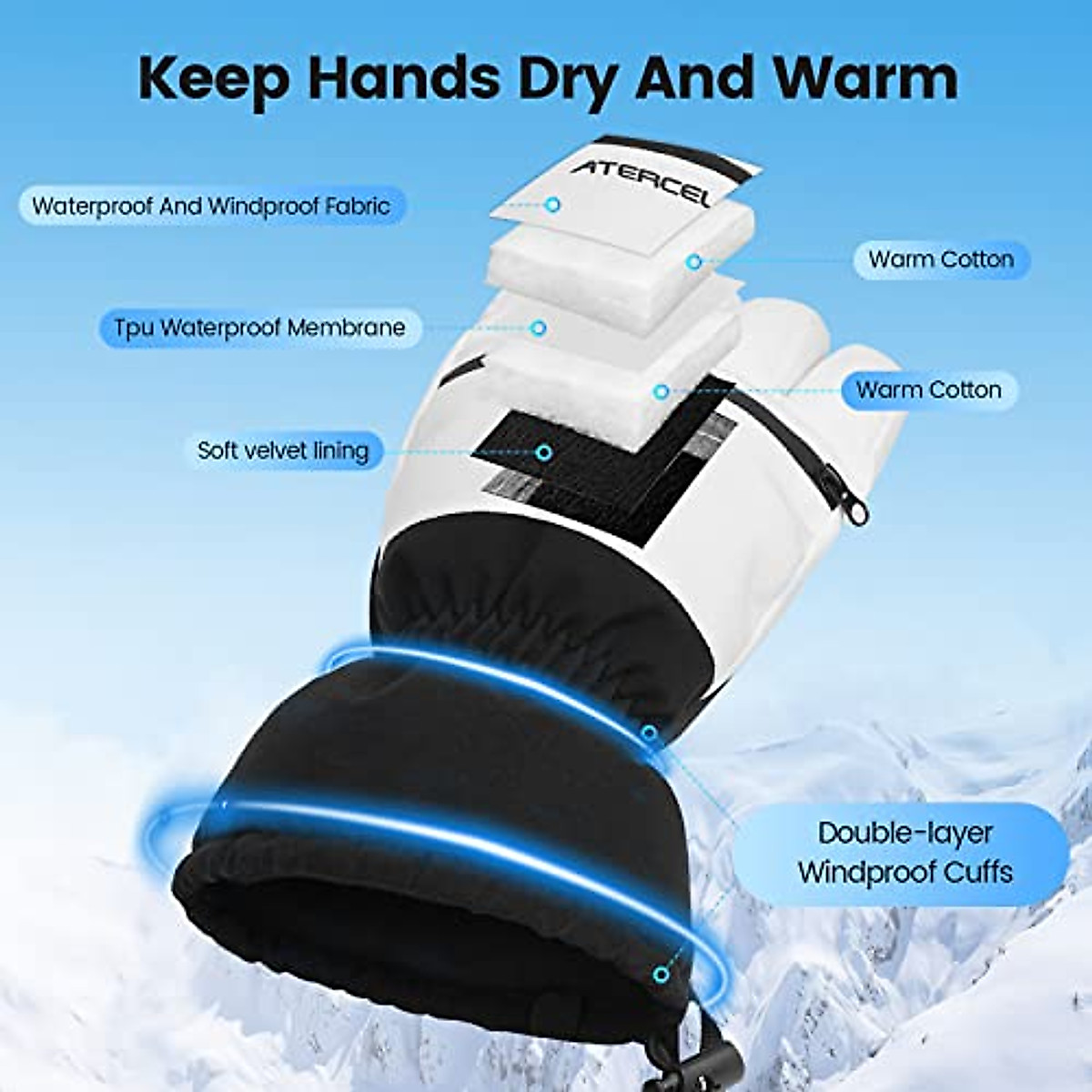ATERCEL Waterproof Touchscreen Ski Gloves, Snow Gloves for Snowboard, Snowmobile, Winter Hiking for Man and Women, Suitable in Cold Weather(White, Small)