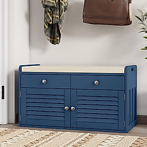 WARMHONIU Shoe Storage Bench with 2 Drawers & 2 Doors, Entryway Bench with Cushion, 2 Adjustable Shelves, Shoe Cabinet with Storage Space for Entryway, Living Room, Hallway, Mudroom, Bedroom, Blue