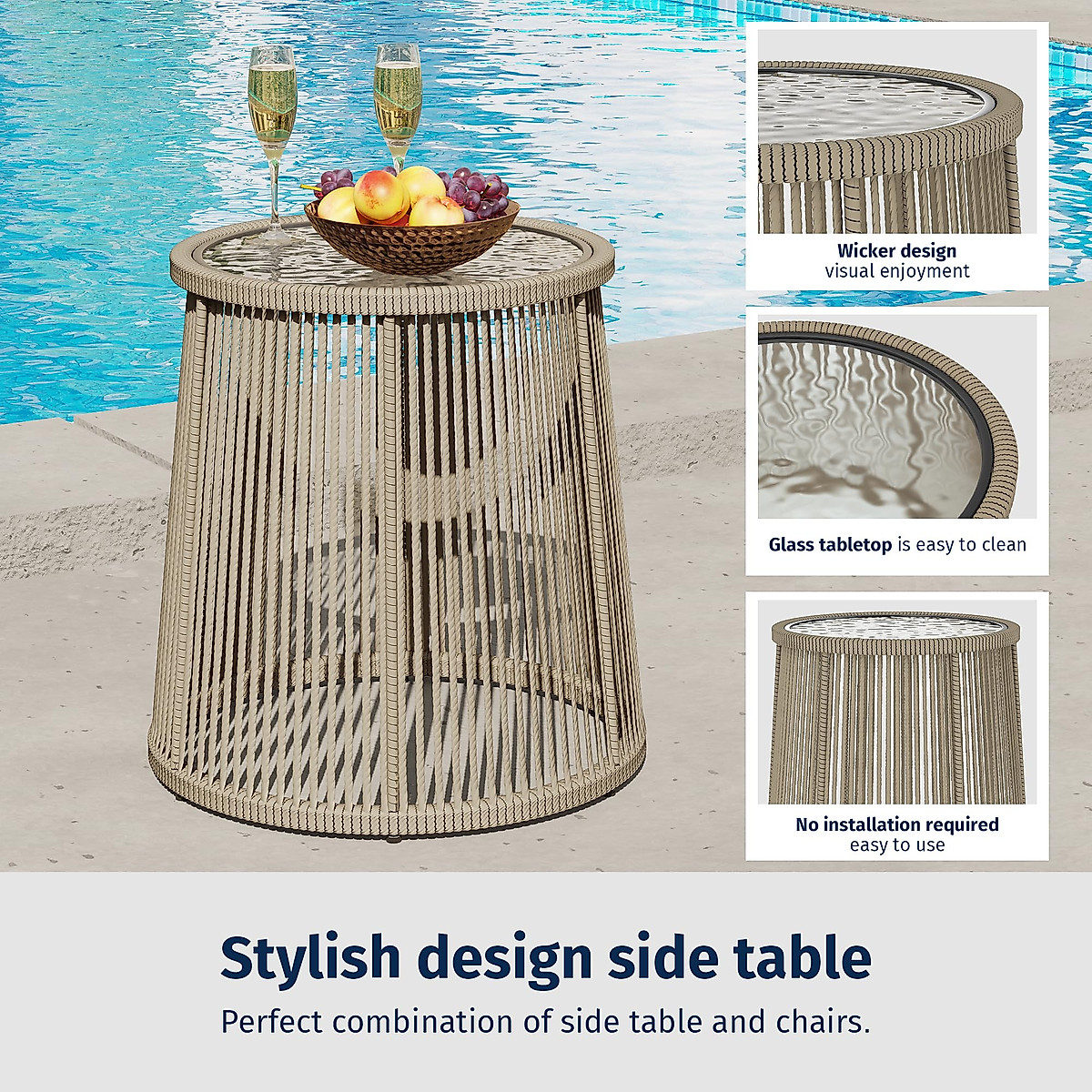 EAST OAK 3-Piece Patio Bistro Set, Patio Conversation Bistro Set with 2 Wide Ergonomic Chairs, Cushions & Glass Top Side Table, Outdoor All-Weather Wicker Furniture for Porch, Backyard, Brown & Grey