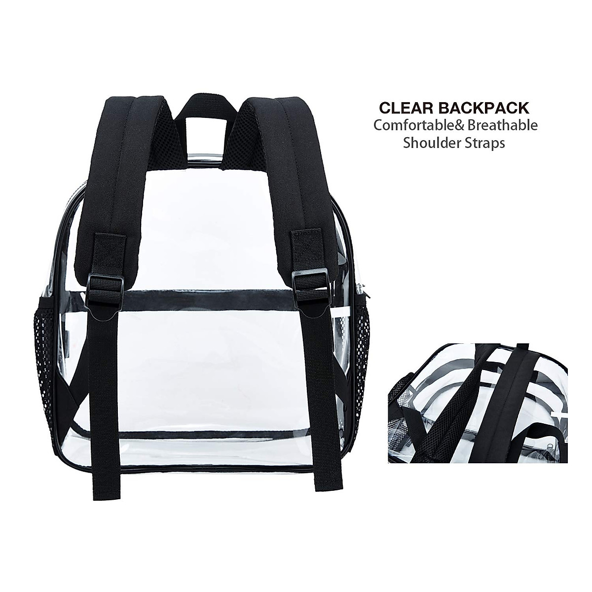 Clear Backpack Stadium Approved, 12x12x6 Water proof Transparent Backpack for Work & Sport Even (black)