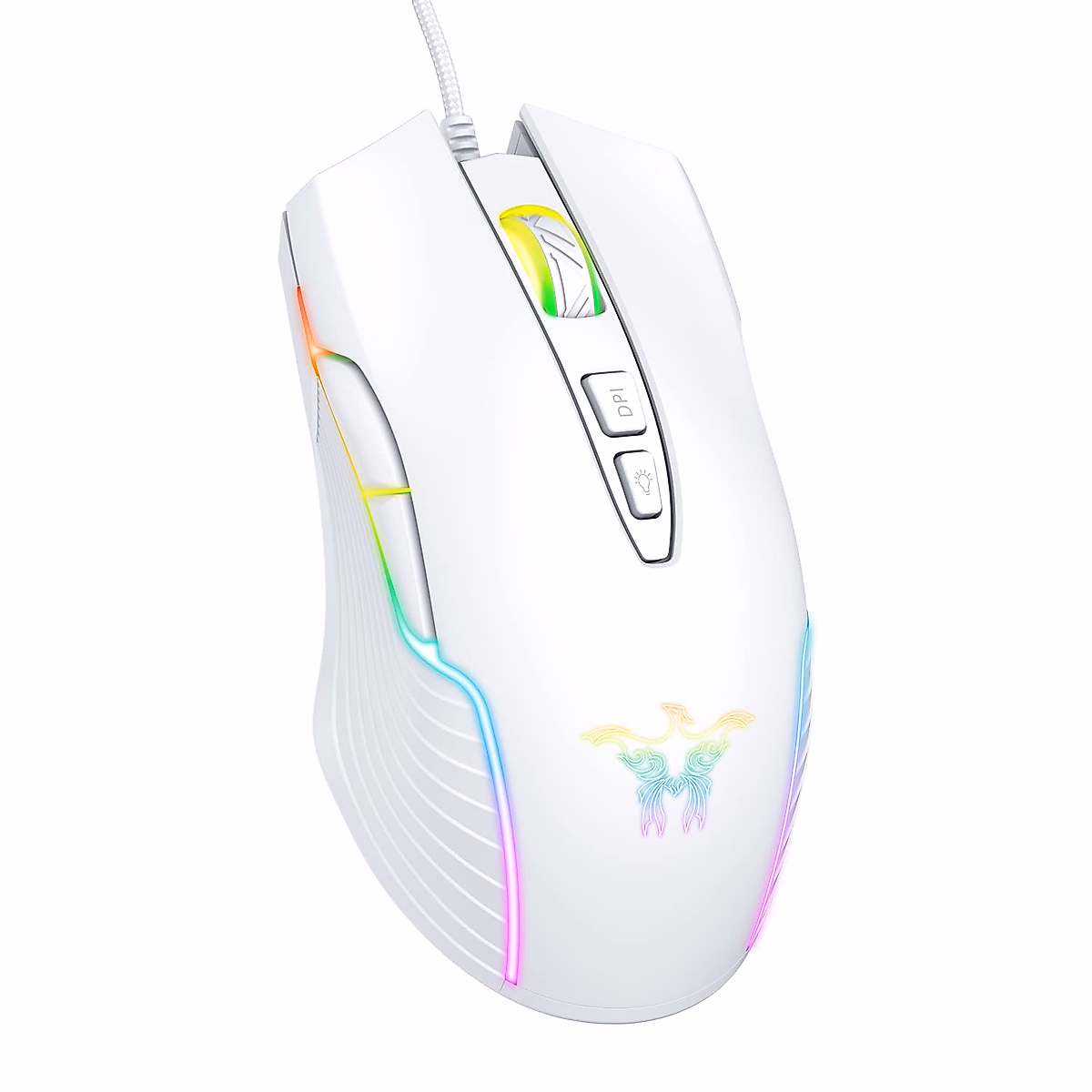 PHNIXGAM Wired Gaming Mouse, Ergonomic RGB Computer Mouse with RGB Backlight, Adjustable DPI UP to 6400, 7 Programmable Buttons for Windows Vista Linux (White)