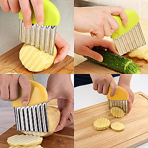 maxin Crinkle Cutter, Waffle Fry Cutter Stainless Steel Wavy Cutter, Crinkle Cutter for Veggies, Potato, Carrots, Butter Lettuce, French Fry, Fruit, 2PCS(Green&Yellow)