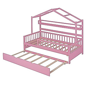 Twin Size House Bed for Kids, Wooden Floor Bed Frame with Trundle & House Roof Frame, Kids Bed Twin with Shelf, Guardrails & Slat Support, Box Spring Needed (Pink)