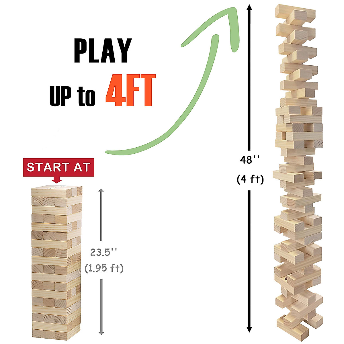 JST GAMEZ Outdoor Games Giant Tower Game Stacking Backyard Game Start from 2Ft to Over 4.2Ft Includes Customized Scoreboard and Carrying Case