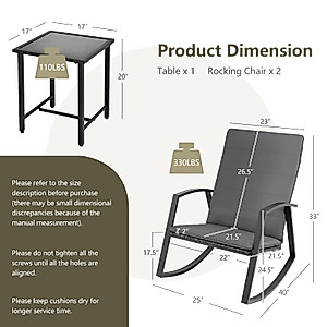 Tangkula 3 Pieces Patio Rocking Bistro Set, PE Rattan Rocking Chairs with Tempered Glass Side Table, Outdoor Wicker Conversation Set with Zippered Cushion for Patio, Garden, Poolside (Mix Gray)