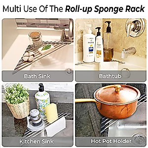 Roll Up Sponge Holder for Counter, Sink Organizer for Kitchen, Bathroom, Laundry Room, 304-Stainless Steel Sink Organizer for Sponge, Brush, Scrubber, Soap Dispenser Holder, Dish Drying Rack (Gray)