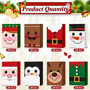 Yeaqee 80 Pcs Christmas Gift Bags with Handles Small Size Reusable Merry Christmas Kraft Goodie Bags Holiday Gift Wrapping Paper Bags for Kids Party Supplies 8.3 x 5.9 x 3.15''(Penguin, Snowman, Elk)