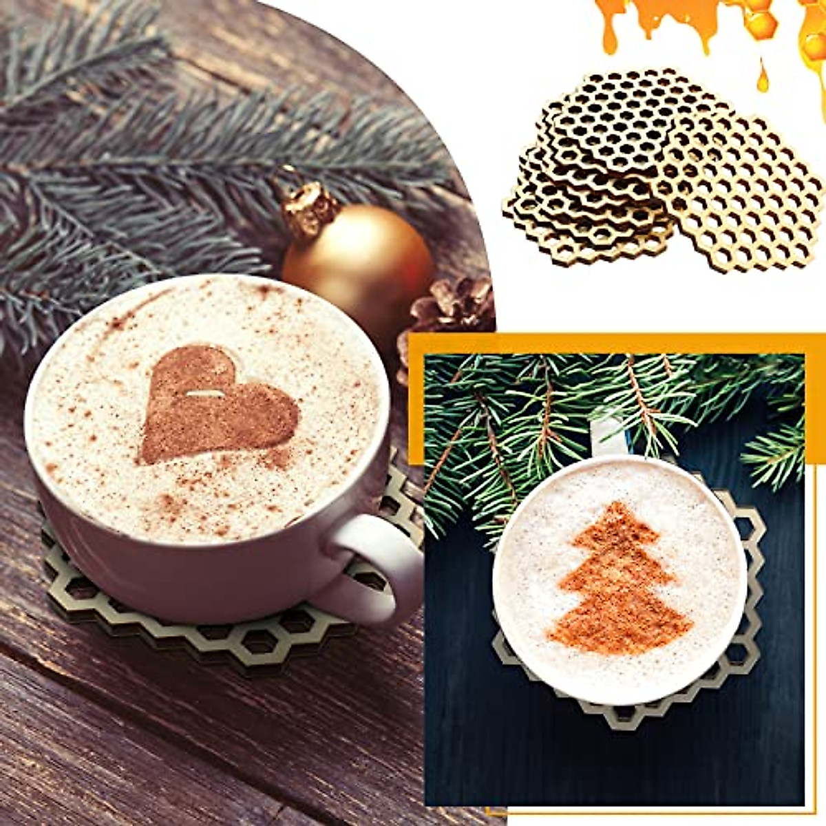 8 Pcs Honeycomb Wood Coaster Set Hollow Hex Honey Comb Wooden Coaster Hexagon Honeycomb Coasters Honeycomb Wooden Cup Cushion Mug Mats for Housewarming Gift Coffee DIY Bar Home Decor