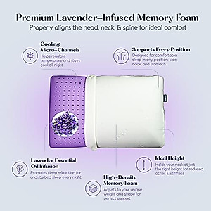 Sutera - Cooling Lavender Zen Memory Foam Pillow for Sleeping - Essential Lavender Oil Infused, Cooling Pillow with Neck, Shoulder and Back Support - Relaxing for Side, Back, Stomach Sleepers