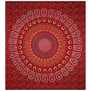 SHIRANYA Red Queen Indian Mandala Tapestry Wall Hanging for Bedroom Bohemian Floral Design Cotton Bedspread Throw Blanket Decorative (84x90 inches/213x229 cm)