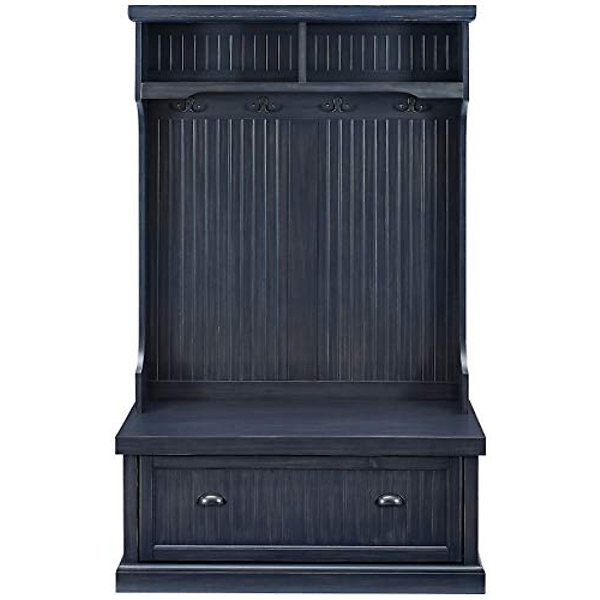 Crosley Furniture Seaside Hall Tree, Entryway Bench with Coat Rack and Shoe Cabinet, Distressed Navy