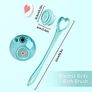 Electric Body Bath Brush Rechargeable Back Brush Long Handle for Shower Brush Silicone Body Scrubber with 5 Rotating Brush Heads for Women Men Body Cleaning Exfoliating Massage (Blue)