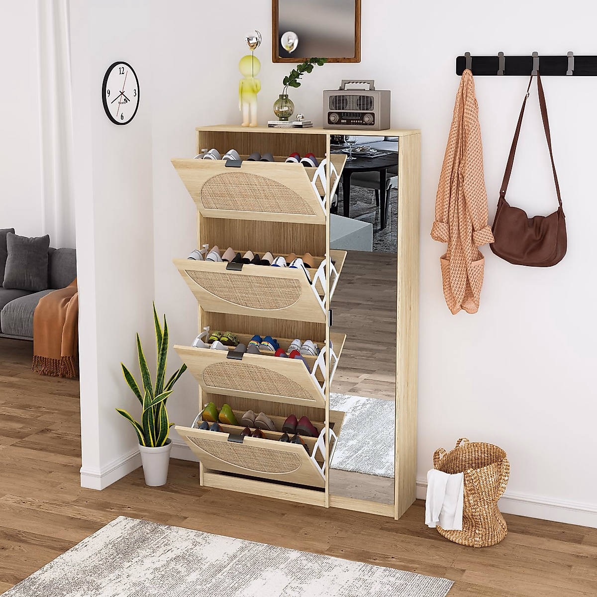 Shoe Cabinet for Entryway,Rattan Shoe Cabinet with Mirror and 4 Flip Down Drawers,Narrow Shoe Cabinet with Natural Rattan Doors and 4 Storage Shelves,Freestanding Shoe Organizer for 24 Pairs of Shoes