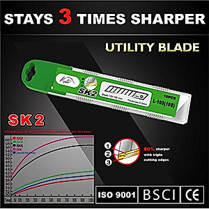 Kutir Box Cutter Utility Knife Replacement Blades (Pack of 10) - Heavy Duty SK2 Metal 18mm Snap-Off Blade - For Retractable Utility Knives - Stays Sharp 3X Long - Suitable for Cardboard, Carpet, Rope