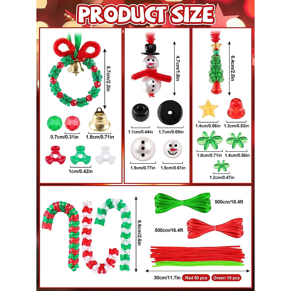 Lanstics 60 Sets Christmas Craft Beaded Ornament Kit Including 18PCS Wreath/18PCS Candy Cane/12PCS Snowmen/12PCS Christmas Tree for Xmas Craft Tree Decorations Adults Holiday Party (Assembly Needed)