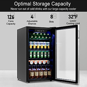 Feelfunn Beverage Refrigerator Cooler - 126 Can Mini Fridge Glass Door for Drinks Soda Beer Wine - Small Refrigerator for Office Bedroom Home Bar, 4 Adjustable Shelves, 3.2 Cu.Ft, Silver