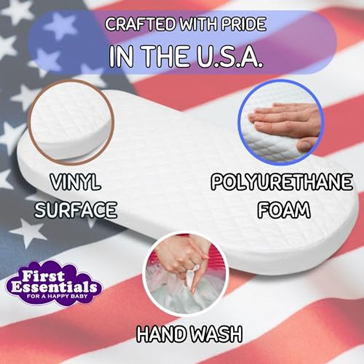 First Essentials Bassinet Cradle Mattress Pad (Oval, 12X26) for Newborn Comfort Breathable Easy Clean Hypoallergenic Waterproof Made in USA