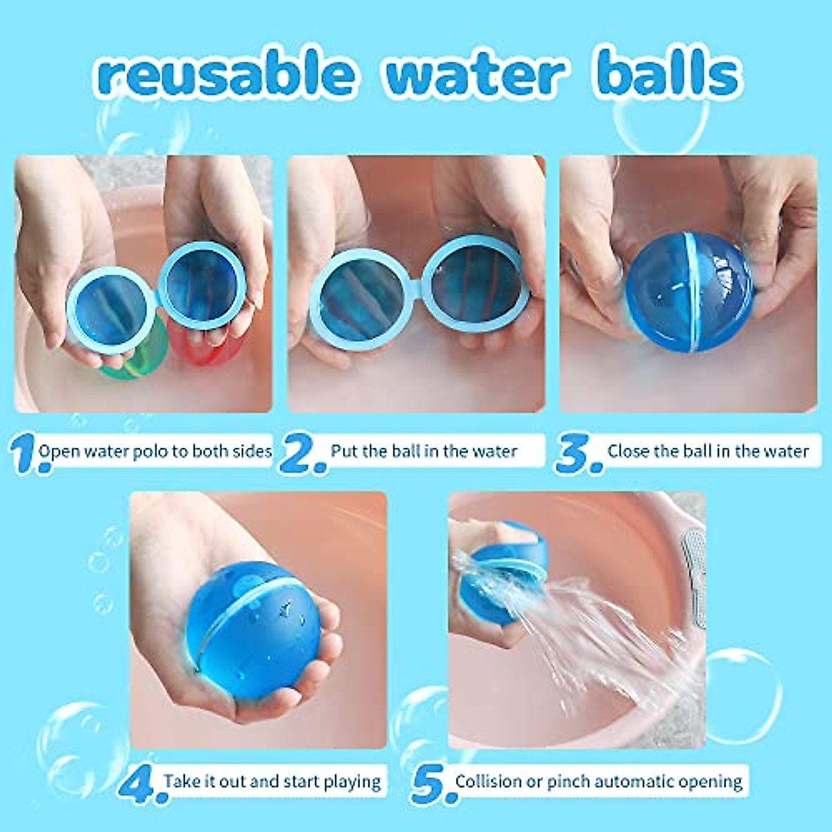 Reusable Water Balloons, Splash Water Bomb Balloons, Quick Fill Self Sealing, Magnetic Refillable Silicone Water Balloons for Kids Adults, Latex-Free Silicone Water Balloons, Pool Water Toys (6PCS)