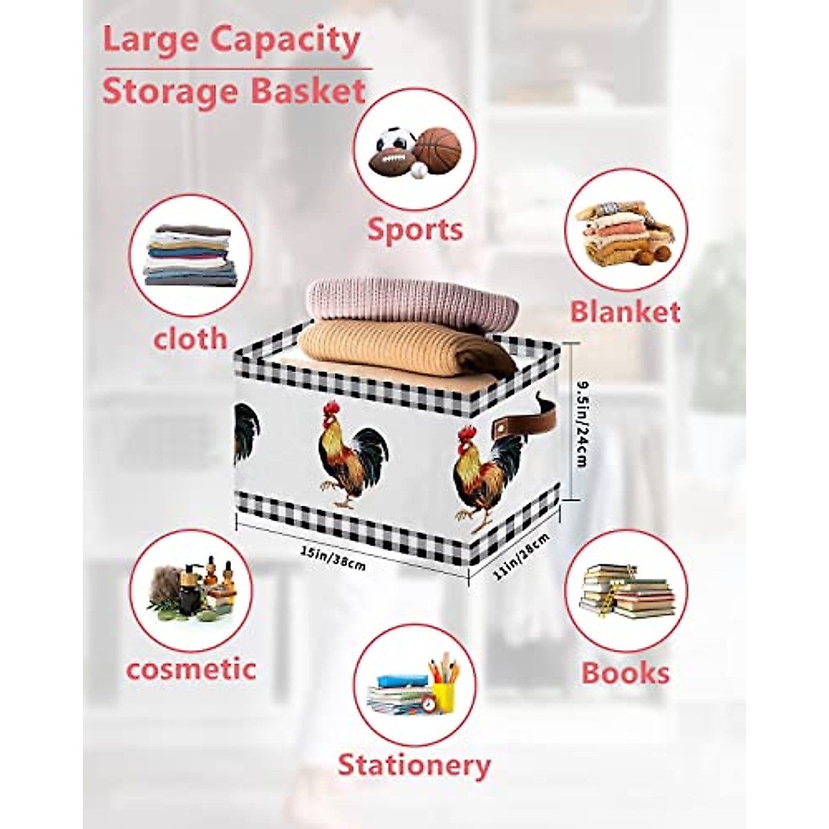 1 PC Large Storage Basket Bins Waterproof Fabric, Black Rooster Rectangular Storage Box for Shelf Closet Organizer Farm Buffalo Plaid White Check