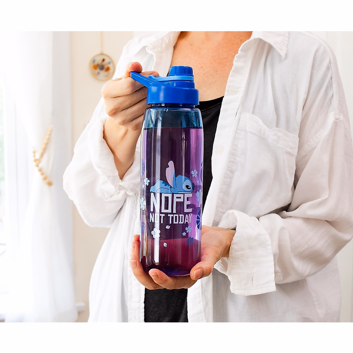 Silver Buffalo Disney Lilo and Stitch Nope Not Today Lazy Water Bottle With Screw-On Lid, 28 Ounces