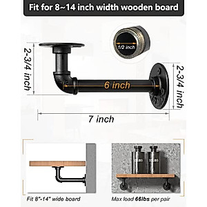 LuckIn Pipe Shelf Brackets for DIY 8 10 12 14 Inch Floating Shelves, Industrial Iron Pipe Bracket, Heavy Duty Metal Shelving Brackets, Black, 6-Pack