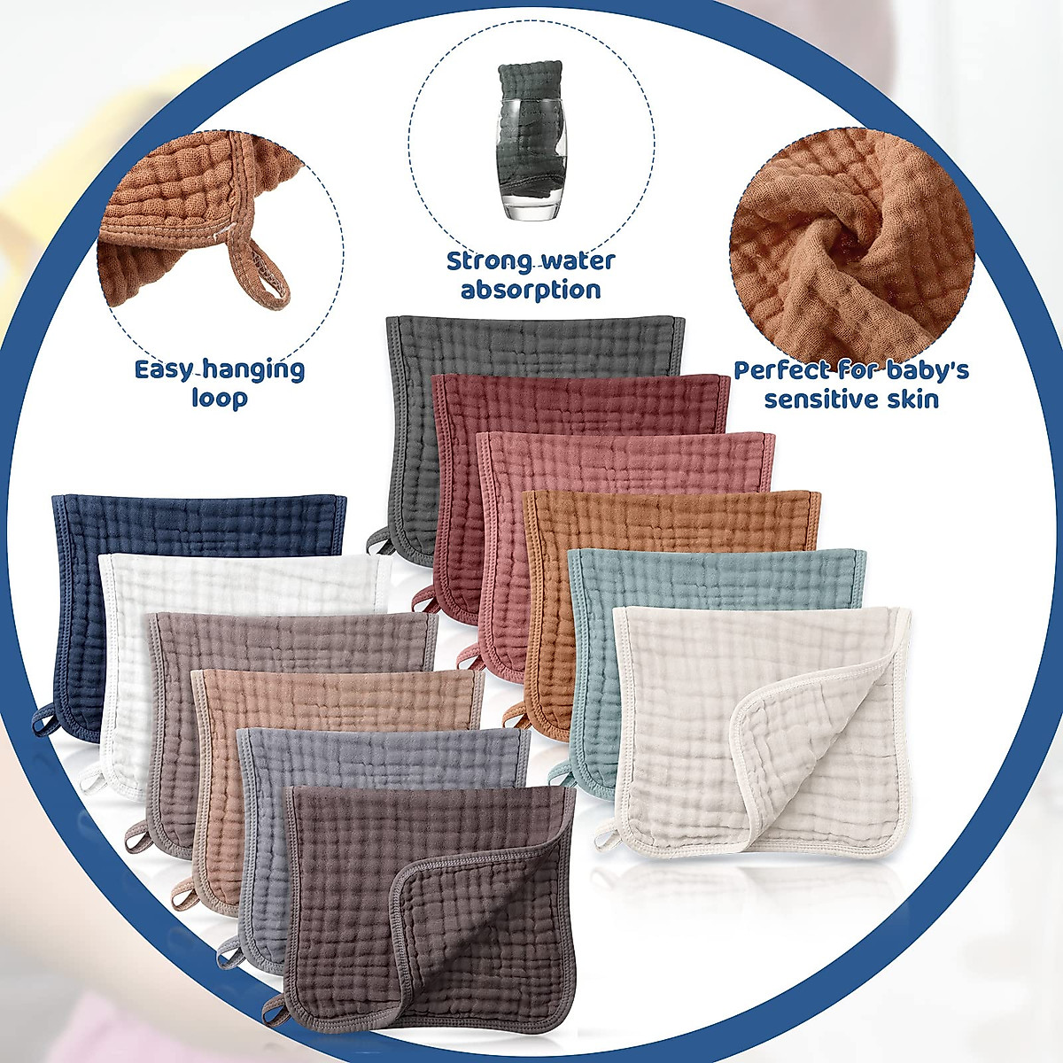 Remagr 12 Pack Muslin Burp Cloths for Baby 6 Layers Cotton Soft Washcloths 10 x 20 Inch Large Multi Colors Muslin Face Towels Gender Neutral Baby Stuff for Boy Girl Newborn (Modern Colors)