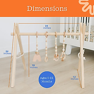 Poppyseed Play Wooden Baby Play Gym, Foldable Frame w/Hanging Bar, Tied Cotton Cord & Wooden Toys, Gender Neutral Baby Activity Set, Easy to Assemble (White Wood, Macrame Toys)