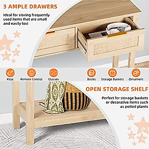 LAZZO Rattan Console Table Boho Entryway Table Narrow Long Sofa Table Hallway Foyer Table Behind Couch Table with 3 Drawers and Open Storage Shelf for Living Room and Corridor Natural Wood