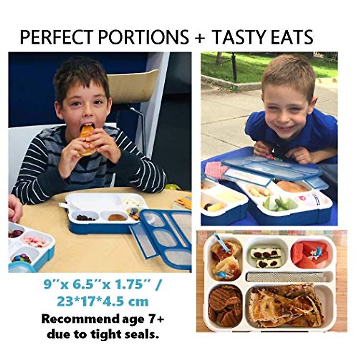 kinsho Bento Lunch Box Kids, Leakproof Lunch Containers for Boys Girls Adults with 6 Compartments - School, Daycare, Meal Planning Portion Control Container, BPA-Free Boxes, Utensils, Navy Blue