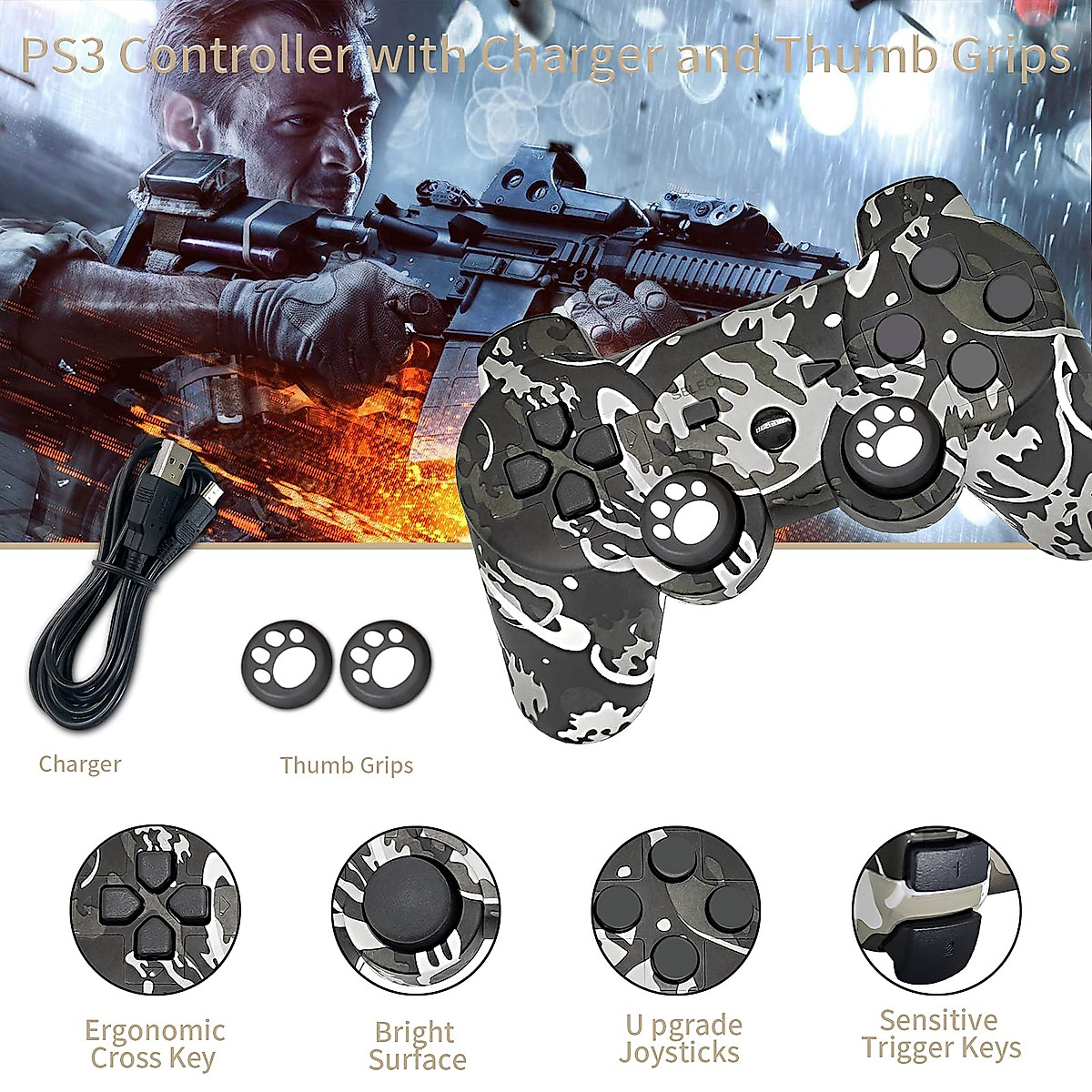 Controller Wireless, CFORWARD Game Controller Compatible for play3 Remote Joy sticks with Dual Vibration and 6Axis, Wireless Controller with Charger and Thumb Gripss